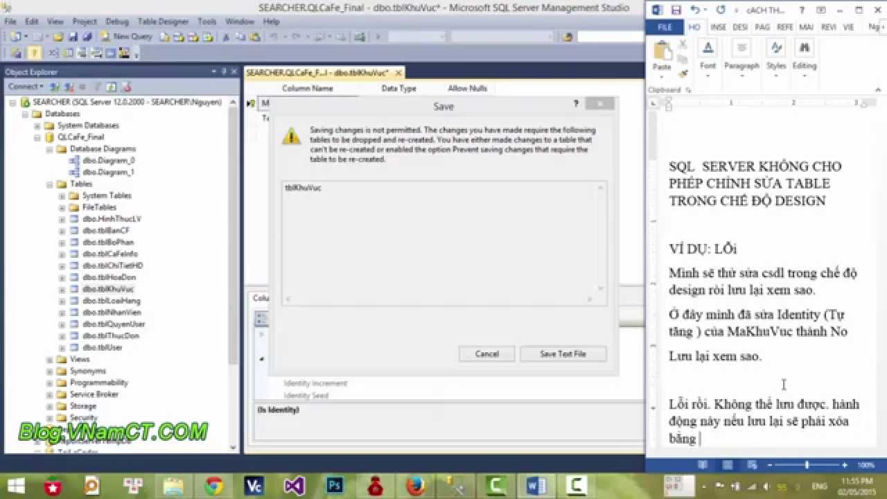 [SQL Server] Không thể lưu dữ liệu trong chế độ Design (Thiết Kế) của ...