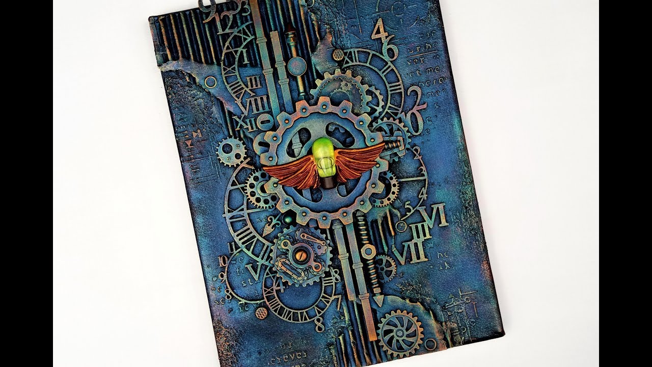 steampunk canvas with finnabair waxes and mitform castings - YouTube
