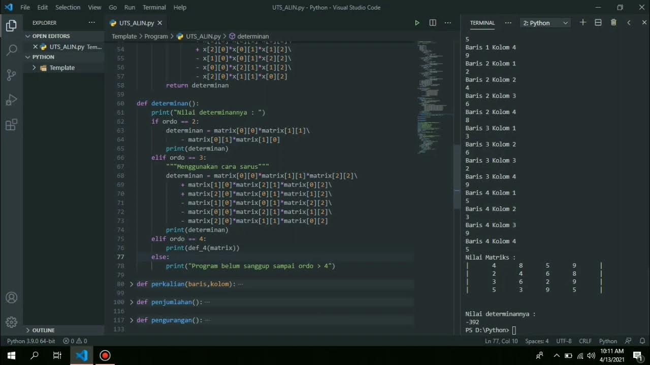 Program operasi matriks dengan Python - YouTube