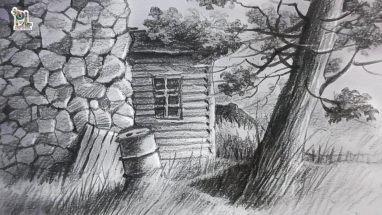 How to draw a Old Cabin in a Scenery Art | Pencil sketch and shading ...