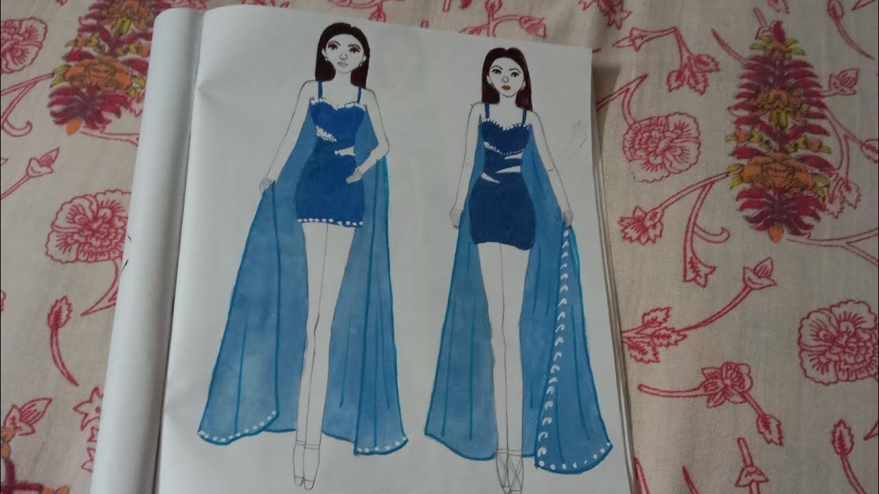 How to design two simple blue dressess||Sketch on fashion show model's ...
