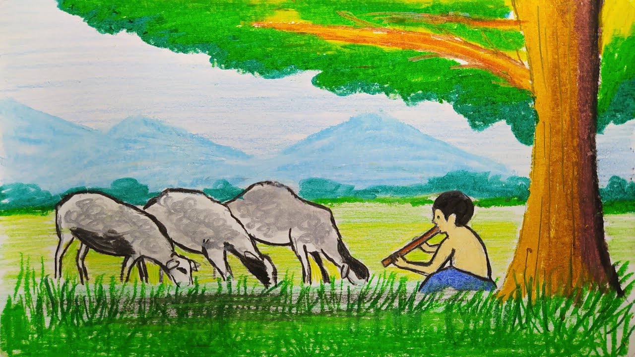 Drawing Sheep Shepherd Of children under the tree flute | Step by step ...