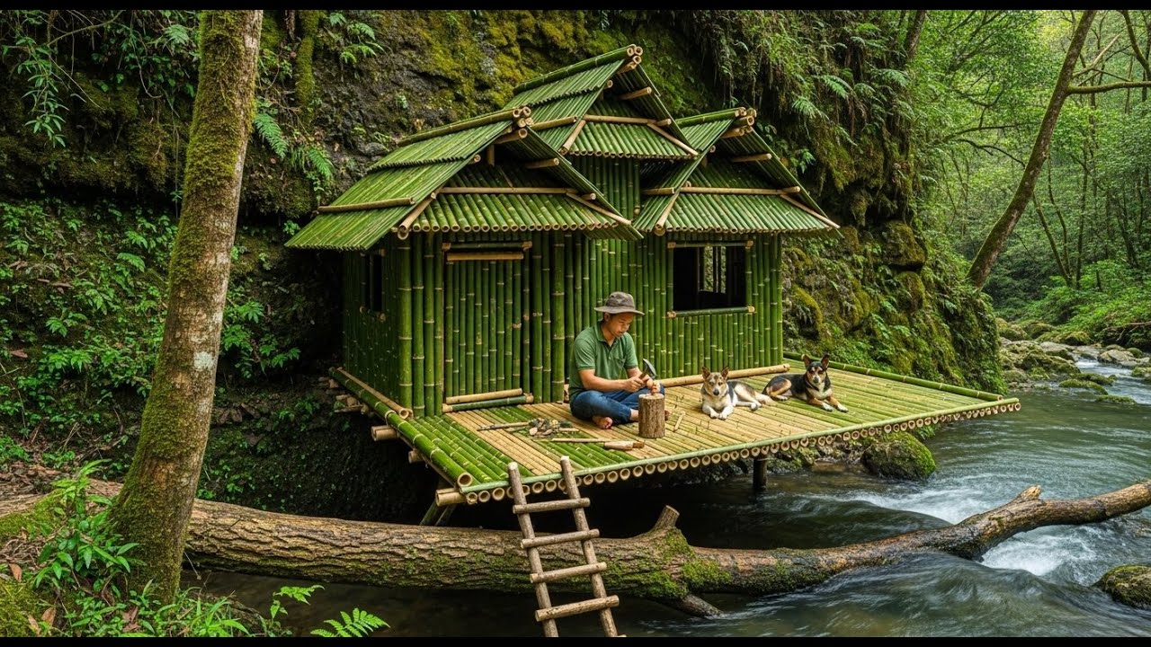 Build A Complex Terrain Bamboo House In Rainforest With Dogs - Jungle ...
