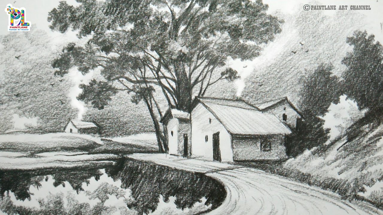 Hill Area Houses In A Scenery Art With A Pencil || PAINTLANE - YouTube