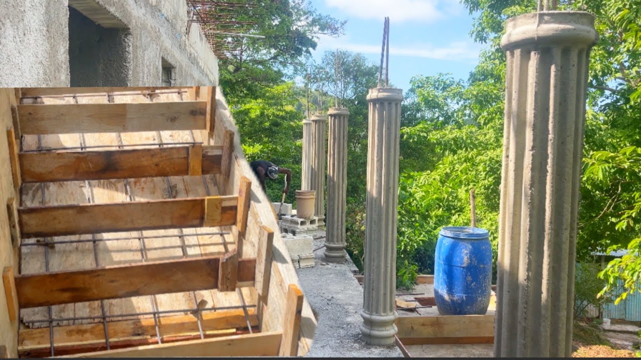 Making my staircase putting up my columns them hard at work - YouTube
