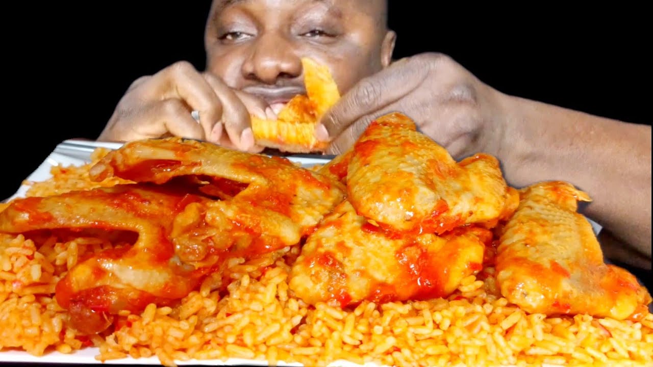 Asmr smokey nigeria party jollof with spicy chicken wings African food ...