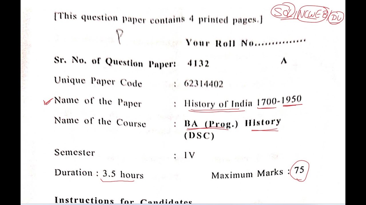 history of india 1700 1950 AD Du sol previous year question paper du ...