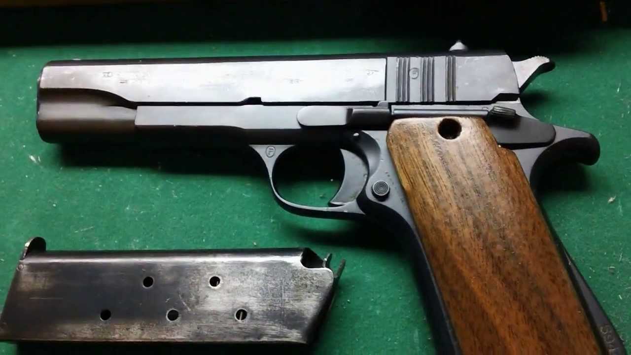 1911 style .45acp Ballester Molina with home made walnut grips - YouTube