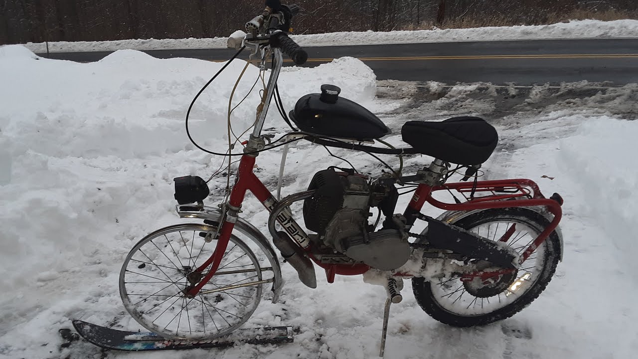 Motorized snow bike (front wheel ski mod) - YouTube
