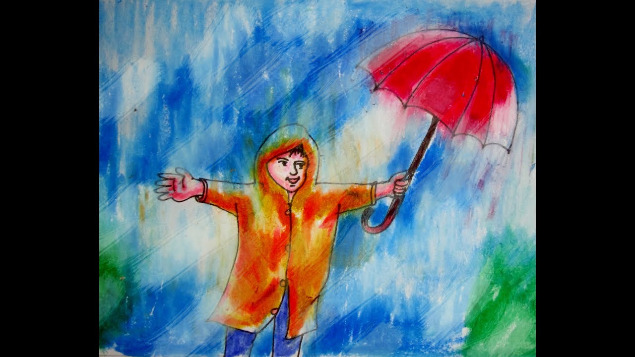 How to draw a scenery of rain| Rainy season| চলো আঁকি বর্ষাকালের দৃশ্য ...
