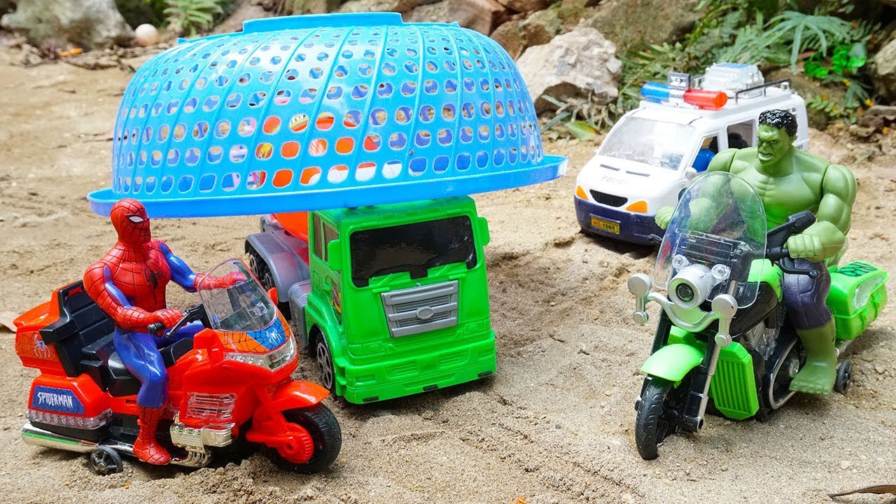Motorbike Spiderman & Hulk Rescues Police Car Garbage Truck Mixer Truck ...