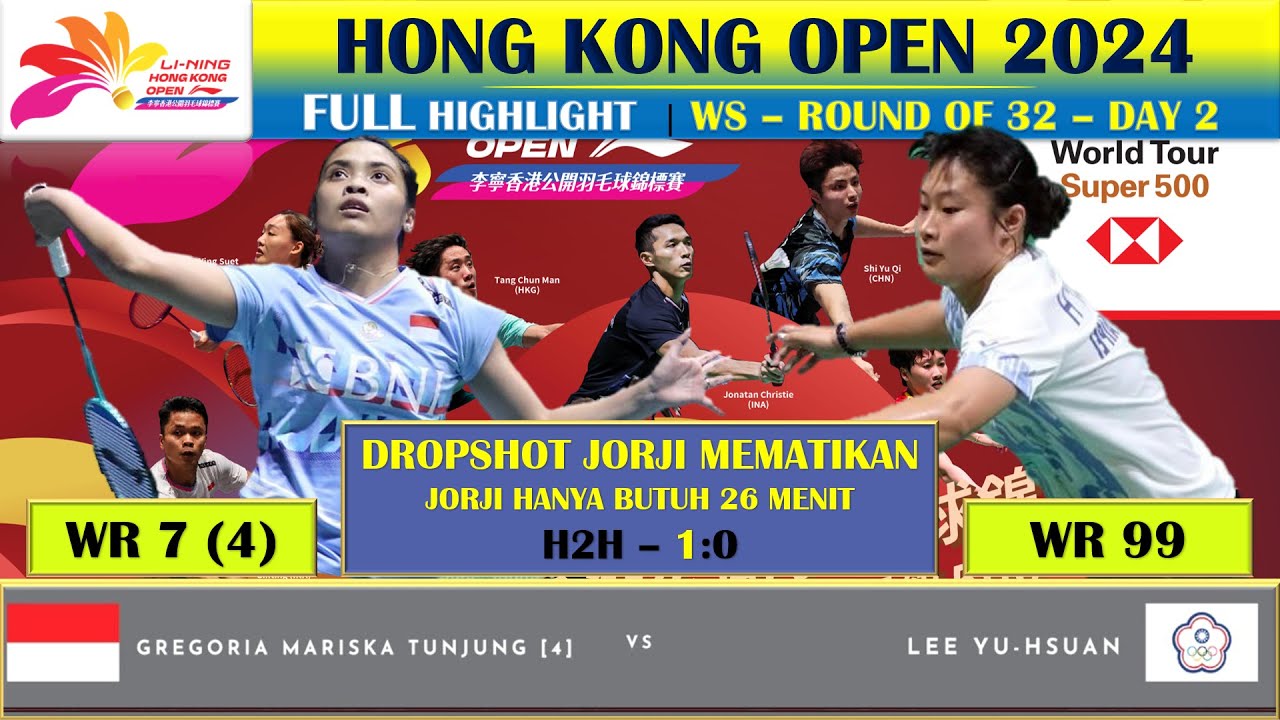 GREGORIA MARISKA TUNJUNG VS LEE YU HSUN | HONG KONG OPEN 2024 DAY 2 ...