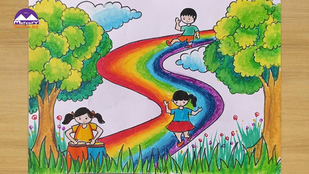 How to draw sharing a rainbow drawing | Easy Rainbow Scenery Drawing ...