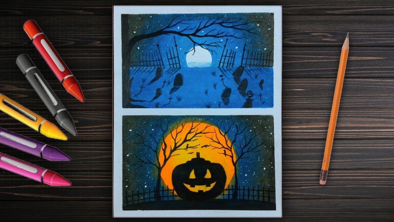 Night Scenery 🎃👻 Spooky Halloween - Drawing with Oil Pastels for ...