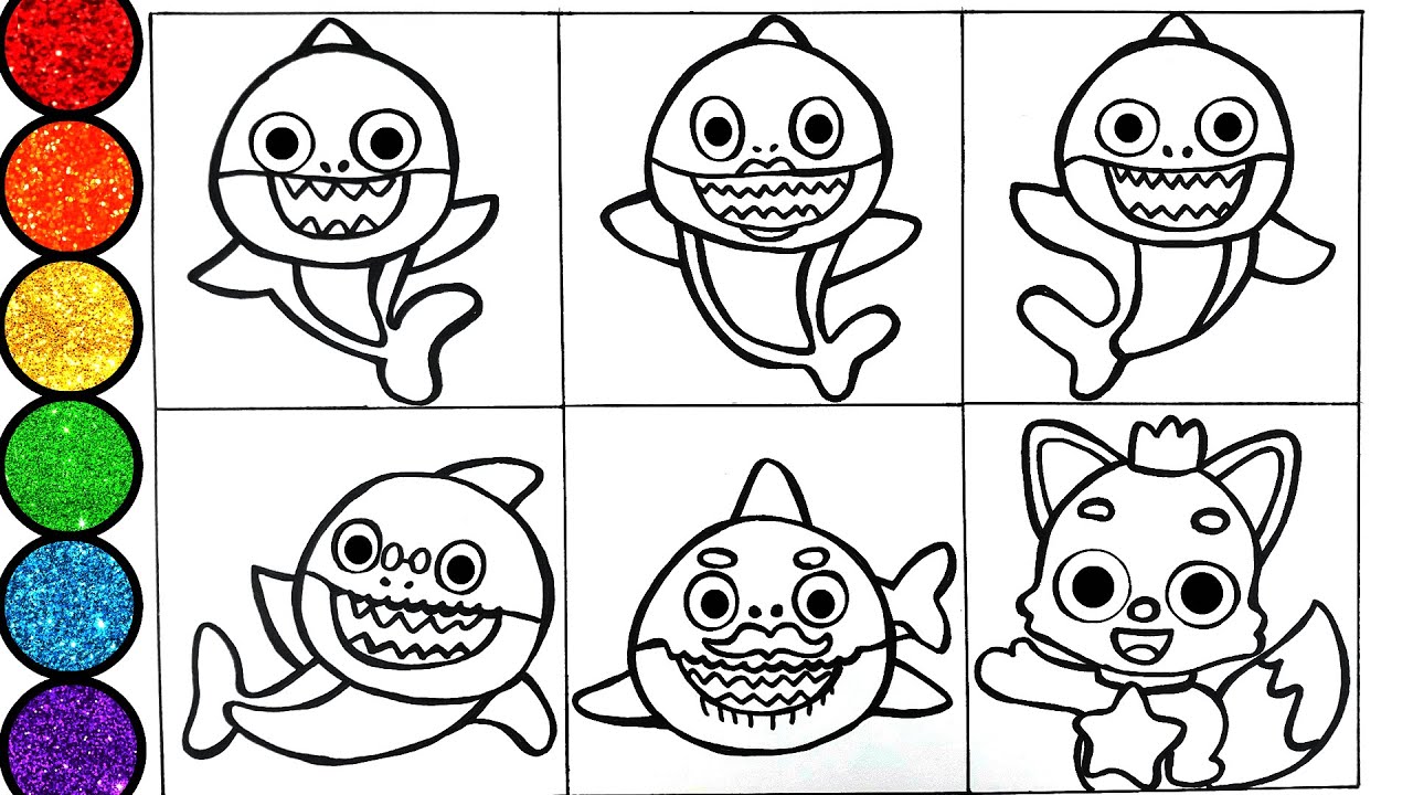 Learn How to draw Baby Shark Family and Pinkfong- Glitter Painting and ...