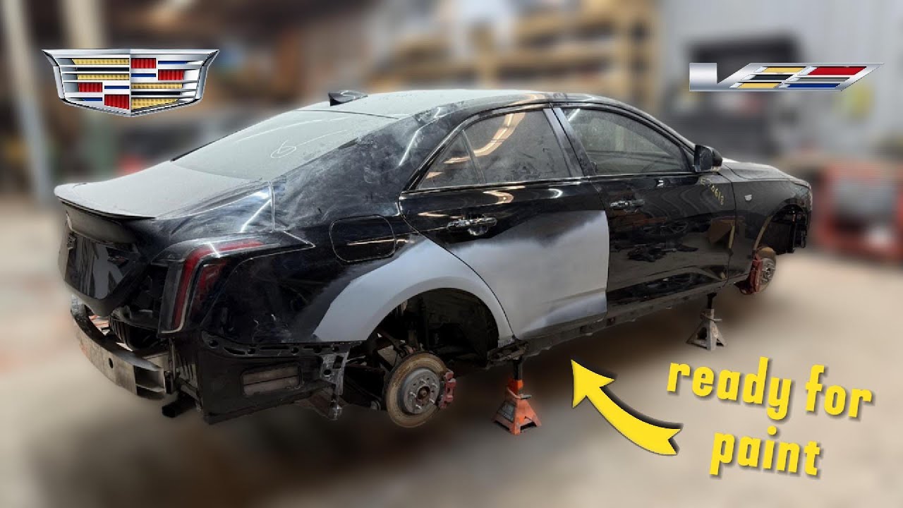 Rebuilding DAMAGED CADILLAC CT4-V, new door, fender and headlight ...