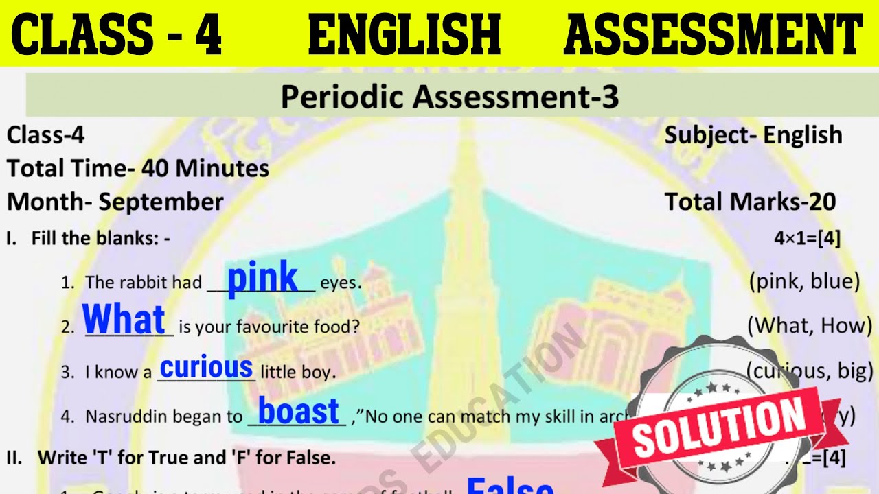 Class 4 English Assessment 3 | class 4 English test paper with solution ...