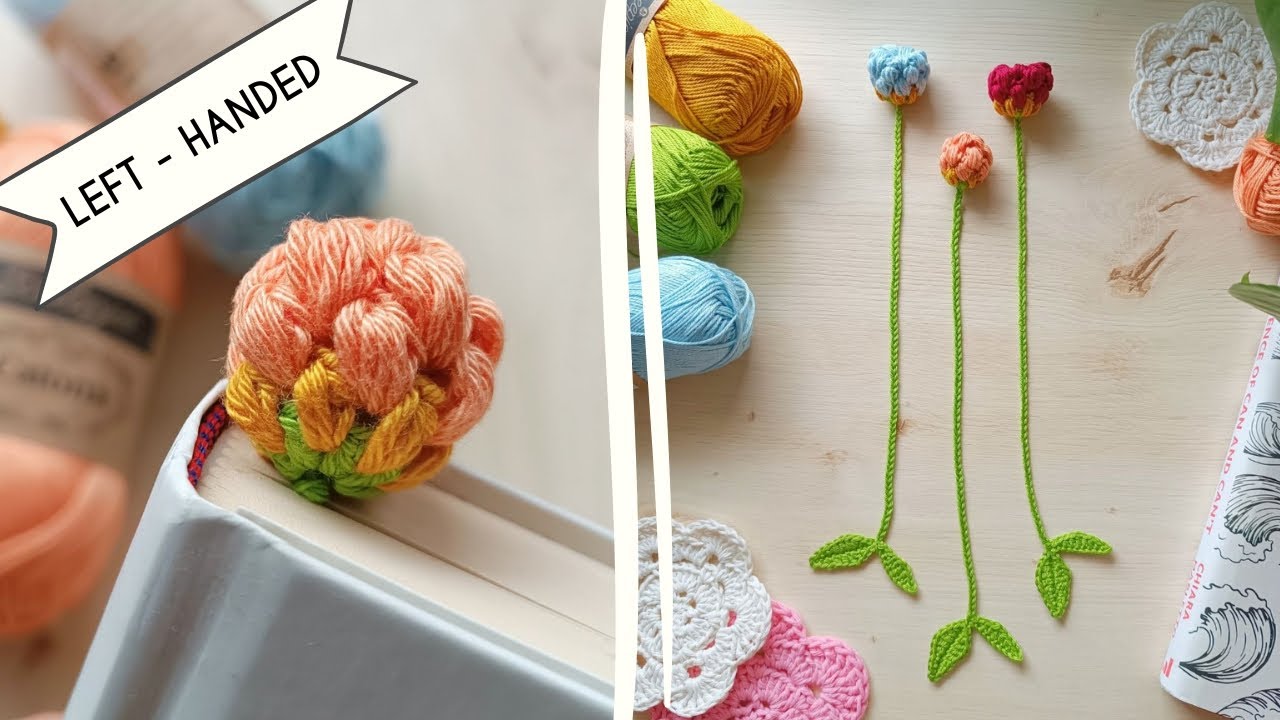 Left-Handed Crochet | Puff Flower Bookmark Step-by-Step (Small) - YouTube