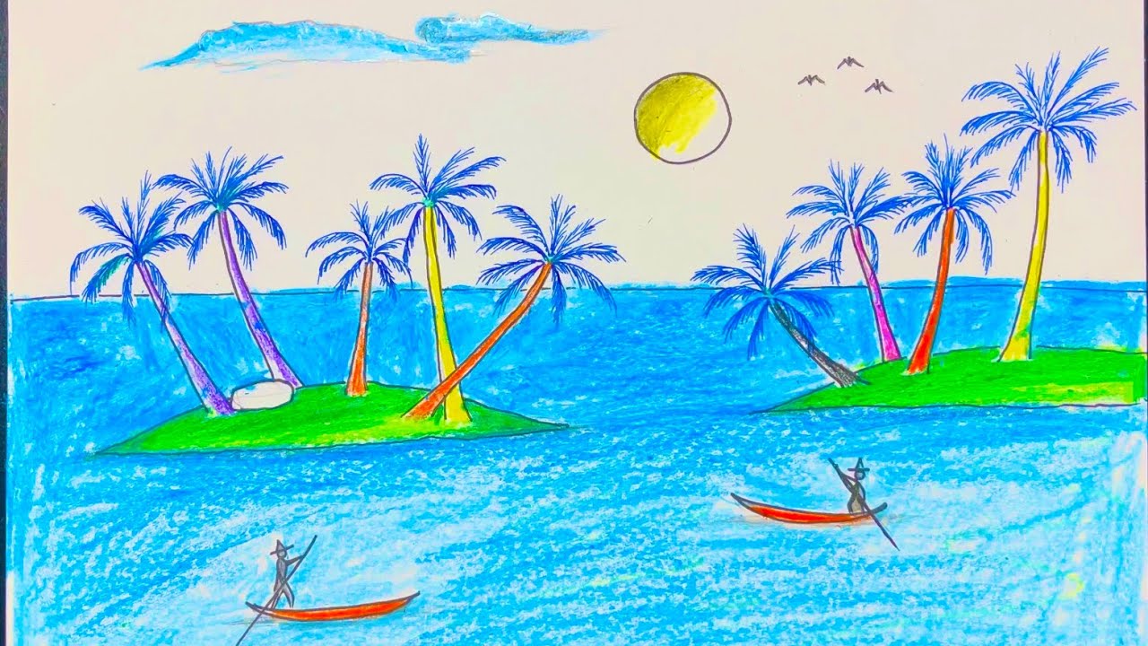 How to draw coconut tree with scenery landscape - YouTube