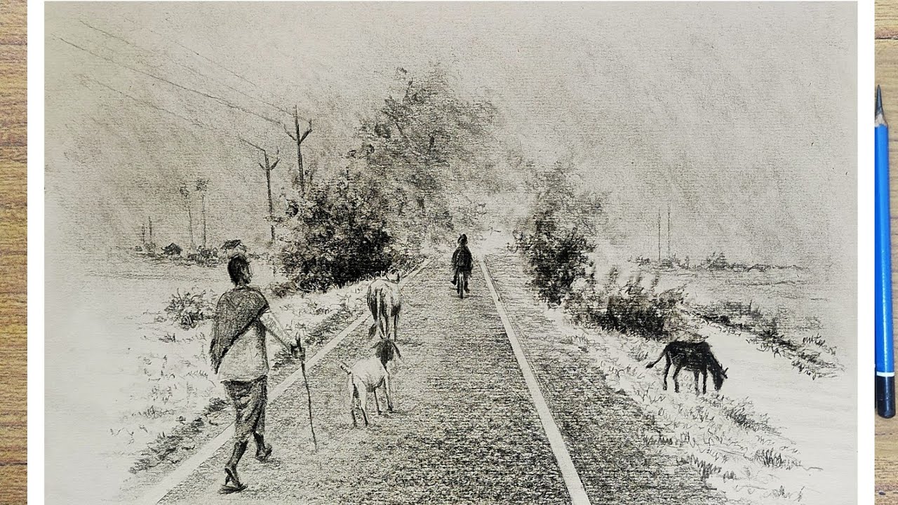 How To Draw Morning Village Scenery With Some Easy Figure - YouTube