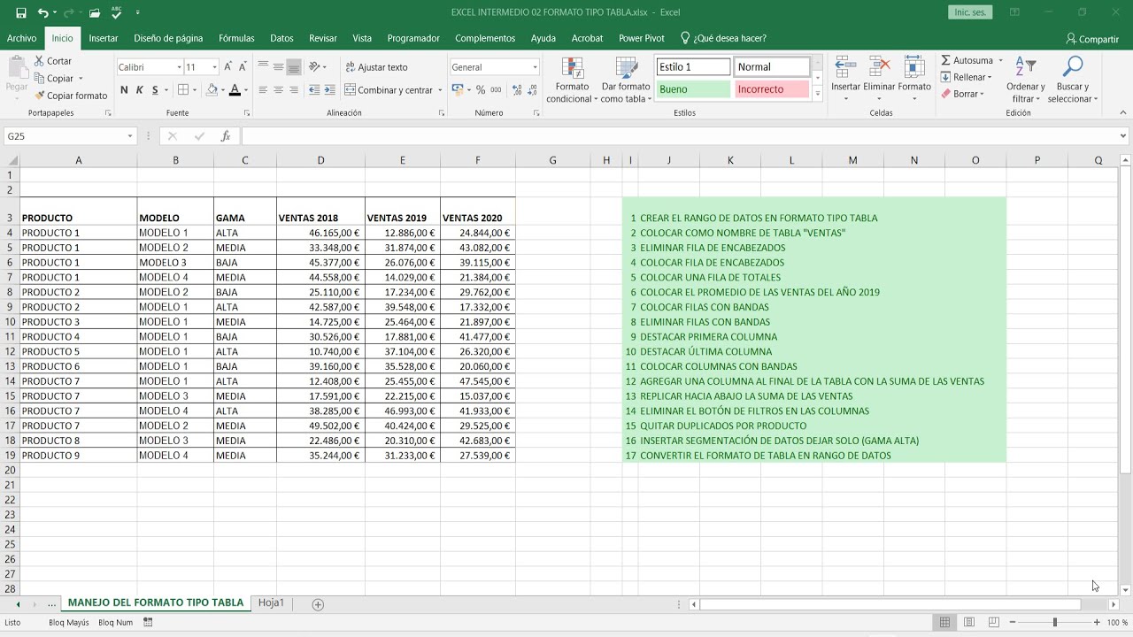EXCEL INTERMEDIO 02 FORMATO TIPO TABLA - YouTube