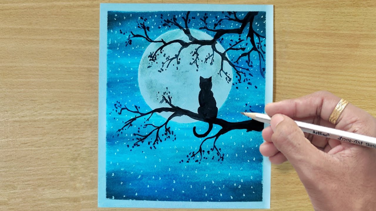 Cat in a beautiful moon light seanery Drawing | Oil pastel (easy step ...