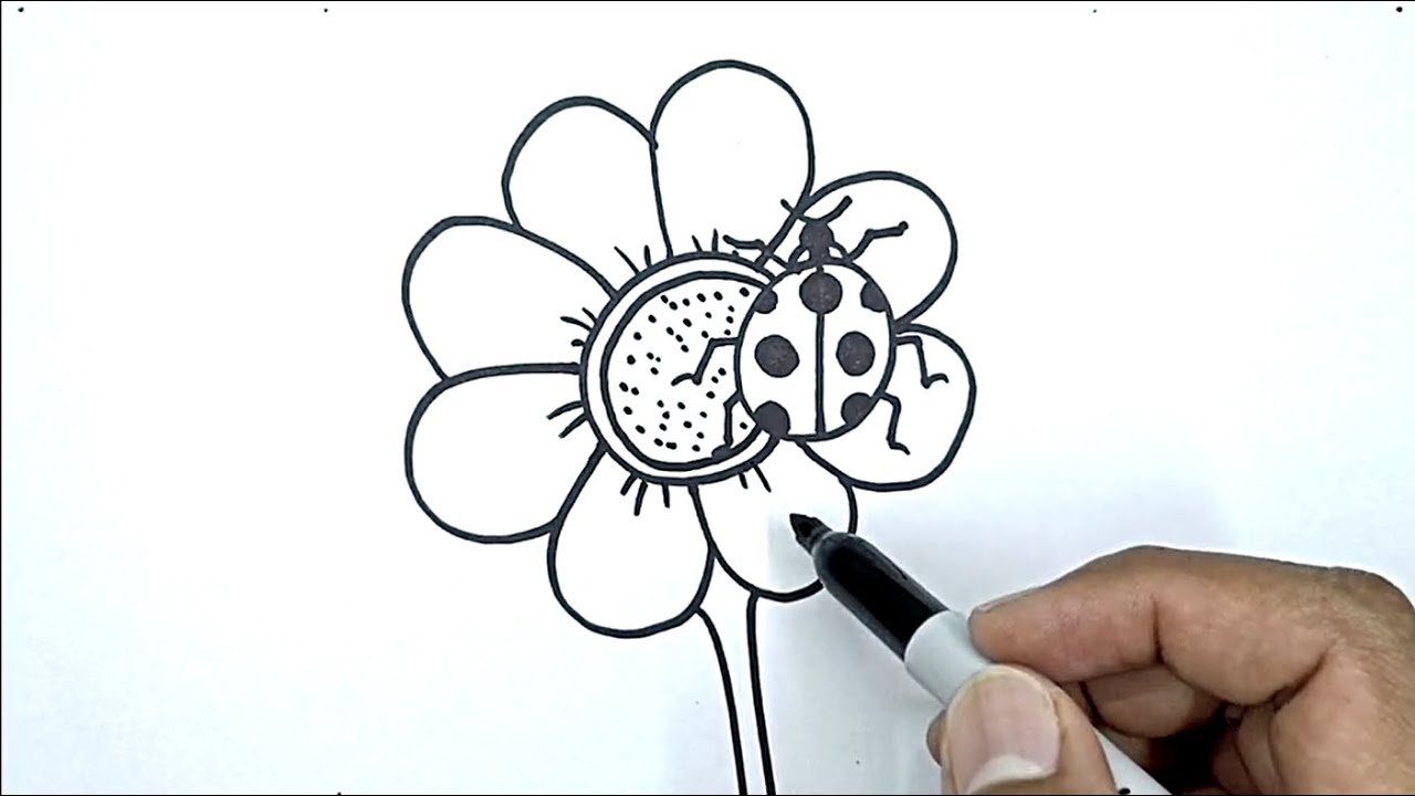 How To Draw A Ladybug On A Flower With Number 0 | Drawing Using Number ...