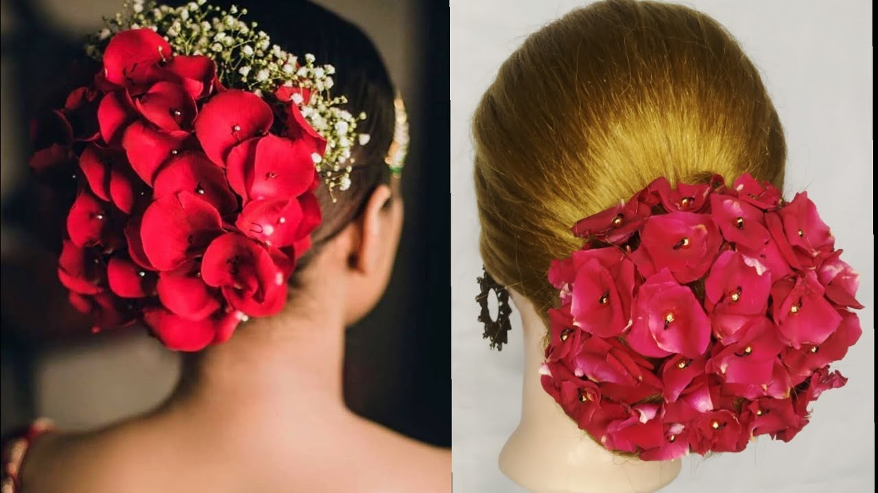 Bridal bun hairstyle with rose petals || Rose petal hair decoration ...