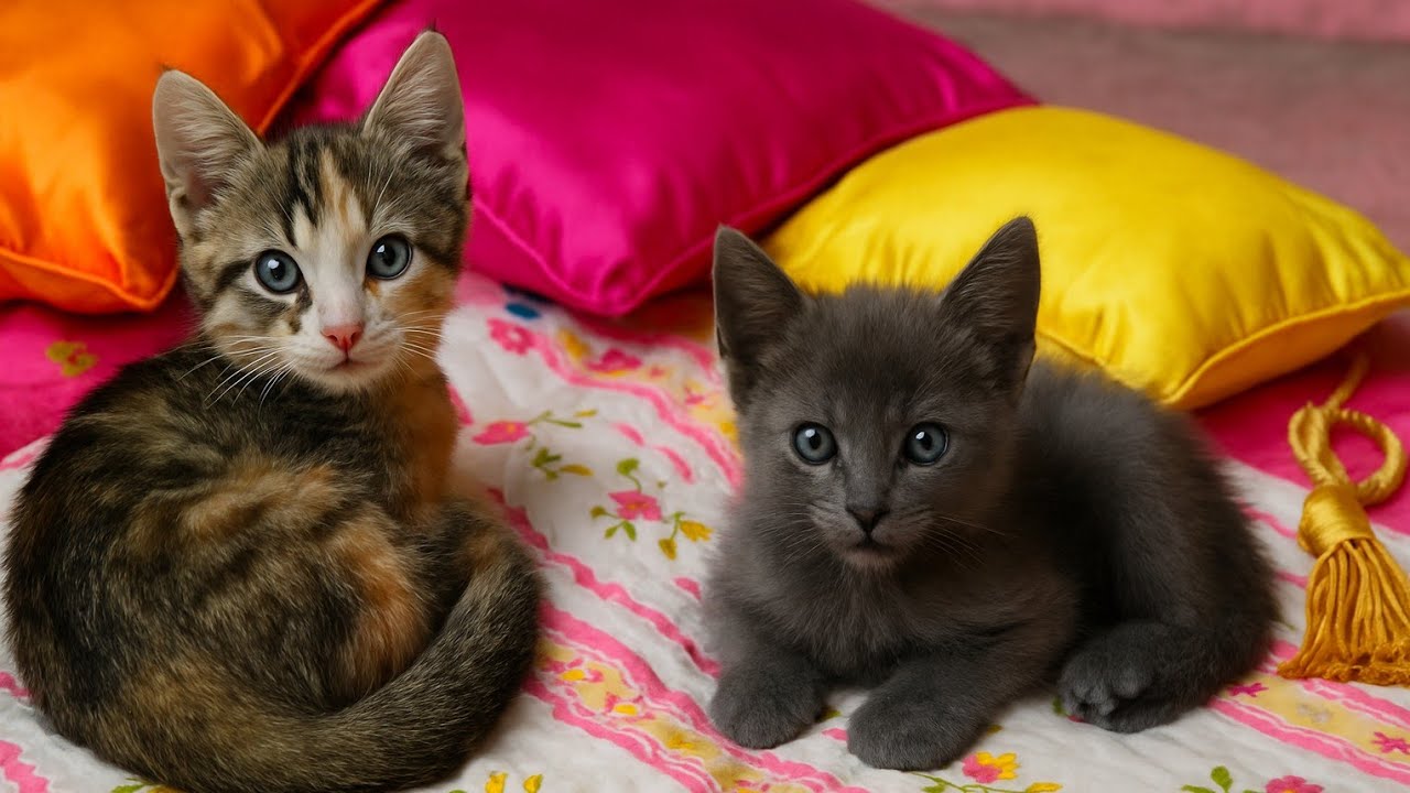Adorable Kitten Duo | Calico and Gray Baby Cats Cuddling on a Floral ...