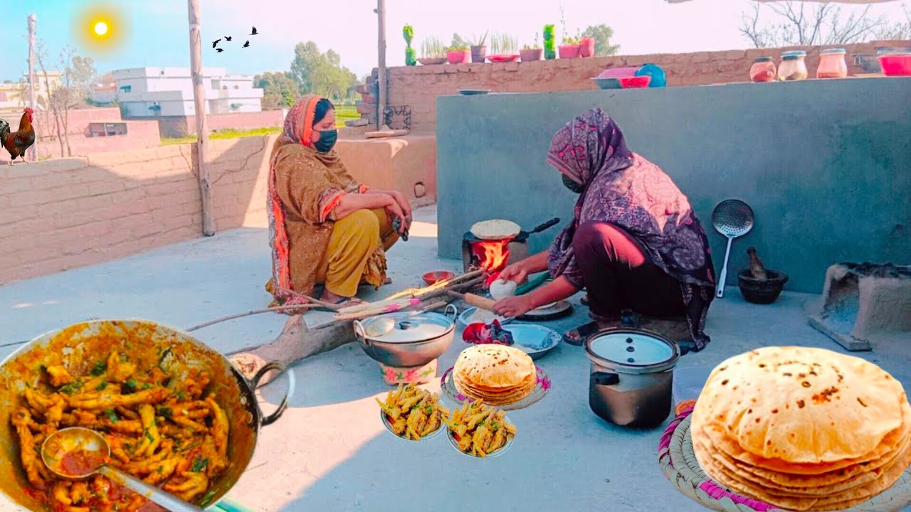 Gaon Main Dopahar Ki Routine | Traditional Village Food | Chicken Panja ...