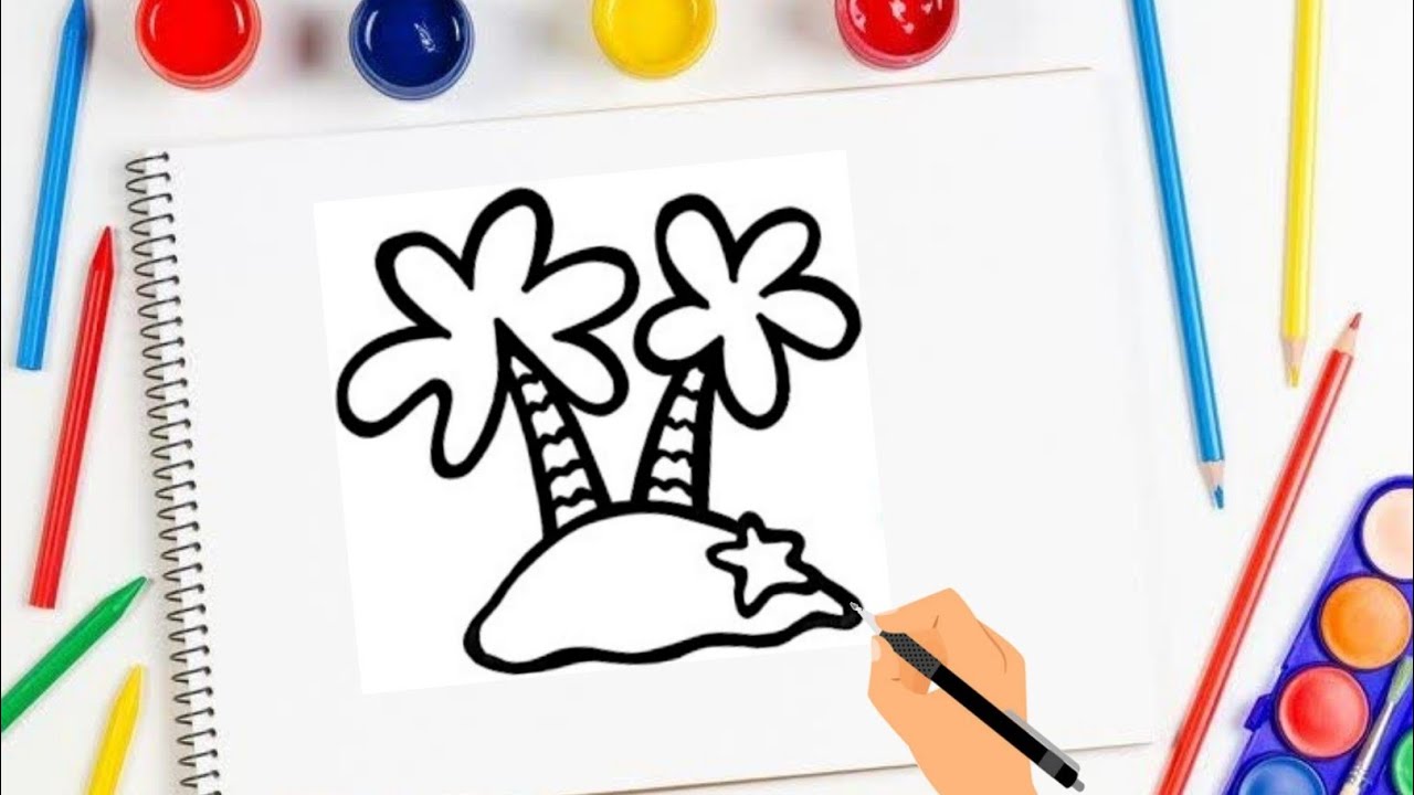 How to Draw Island | Drawing palm trees for Kids | Step By Step ...
