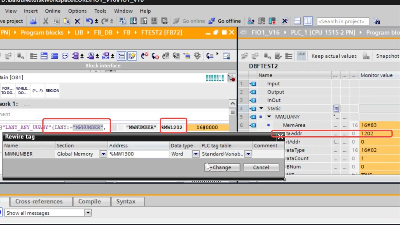 TIA Portal Get MW Memory address according tag name. using ANY ...