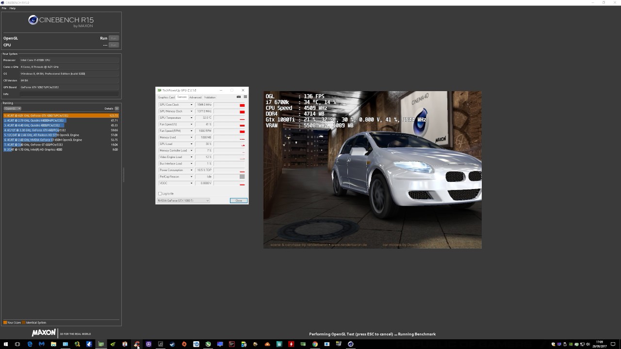 Testeando cinebench r15 opengl @ 1080ti & i7 6700k - YouTube