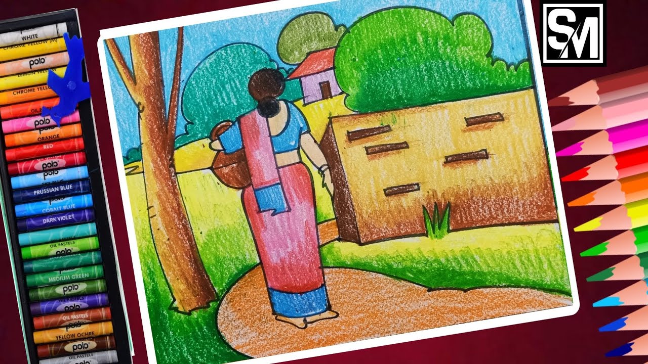 village scenery drawing with human figure. how to draw village scenery ...