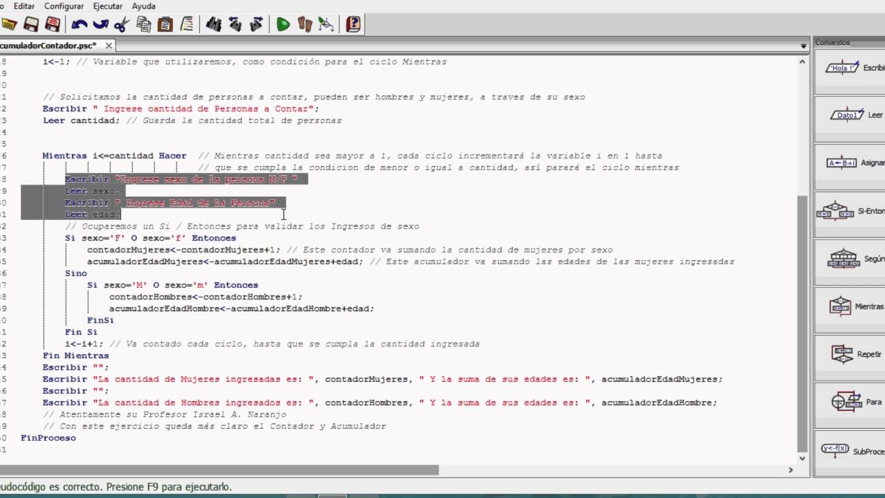 Ejemplo Acumulador y Contador en PSeInt - YouTube