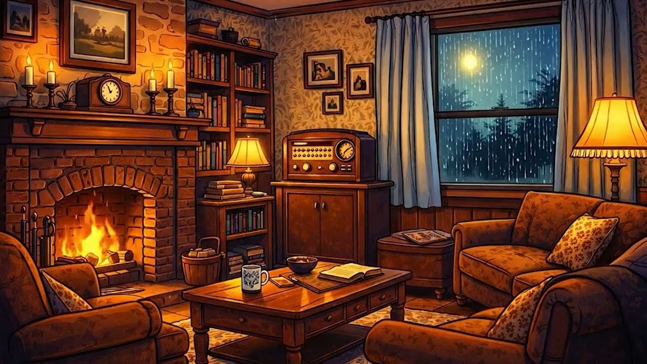 Vintage Oldies Music Playing in Another Room | Soft Fireplace ...