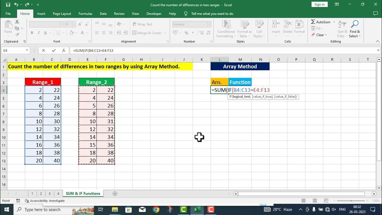Array Formula Count the number of differences in two ranges - YouTube