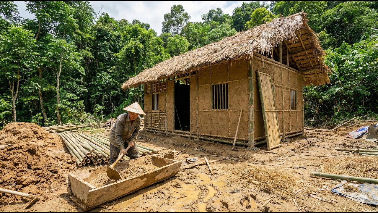 Building a Primitive Bamboo House from Mud and Earth | Bushcraft EP.1 ...
