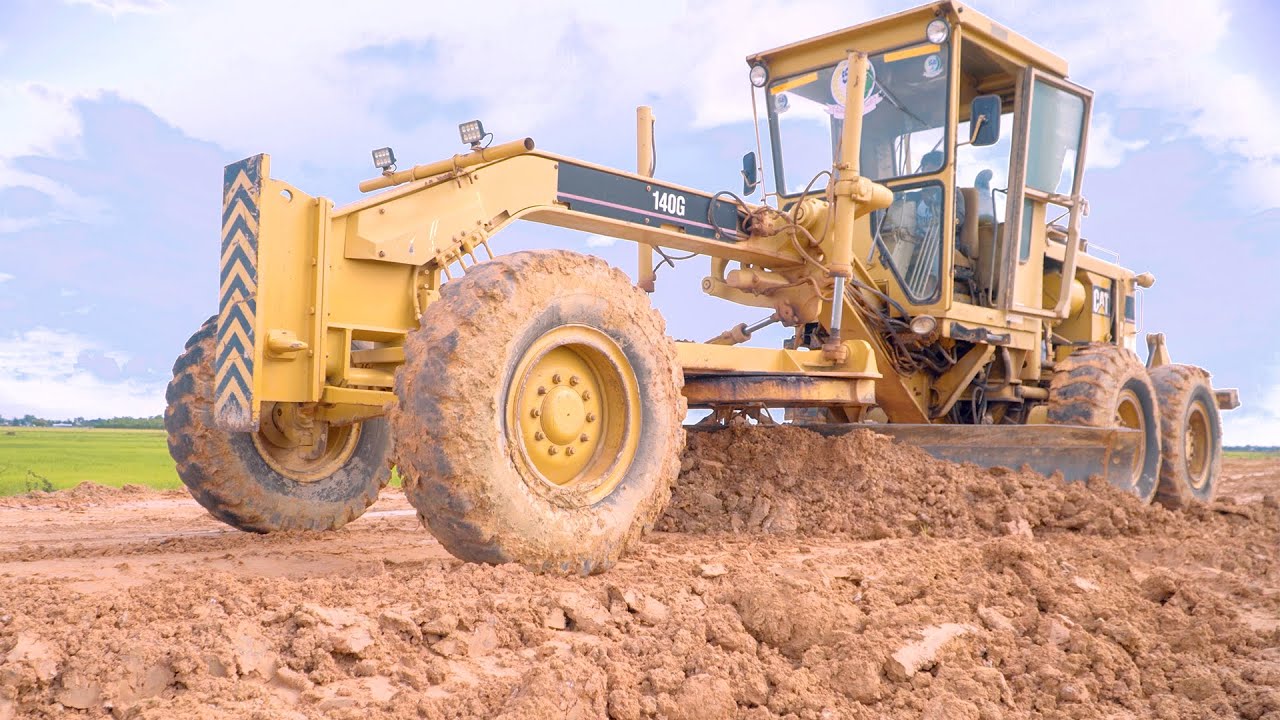 Old SANY Motor Grader And Roller Speeding Slow Building Road ( Land ...