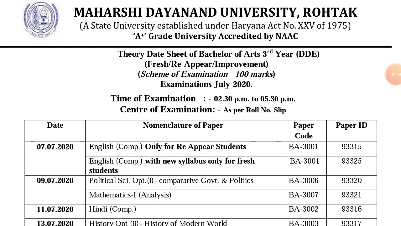 Mdu,rohtak B.A. 3rd year time table || - YouTube