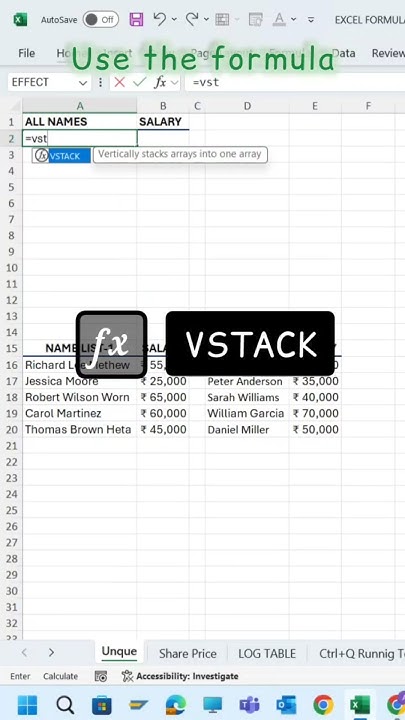 VSTACK formula in Excel #excelformula #advanceexcel #exceltips #exceltricks - YouTube