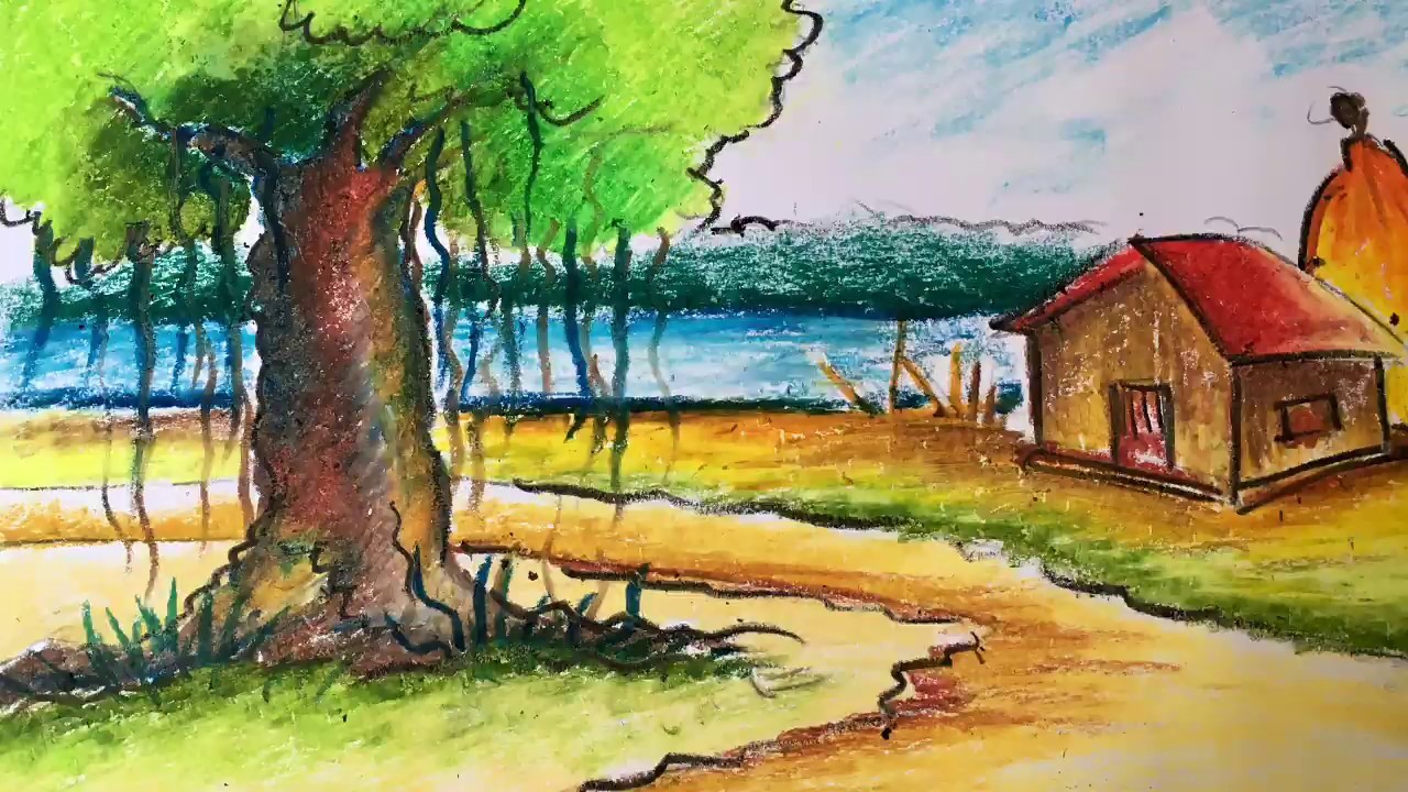 How to draw a Village Scenery with Banyan Tree step by step || Very ...