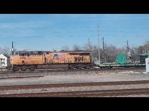UP 8136 leads loaded rail train - YouTube