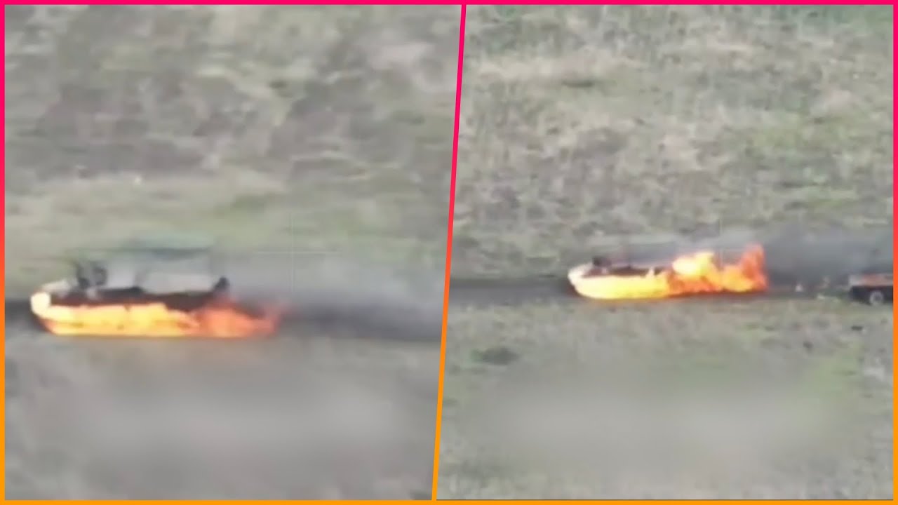 Moment a maniac Russian soldier drives a flaming 'fire chariot' across ...