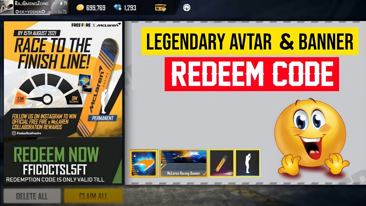 8.5 Milestone Instagram Redeem Code Free Fire | McLaren Avtar & Banner ...