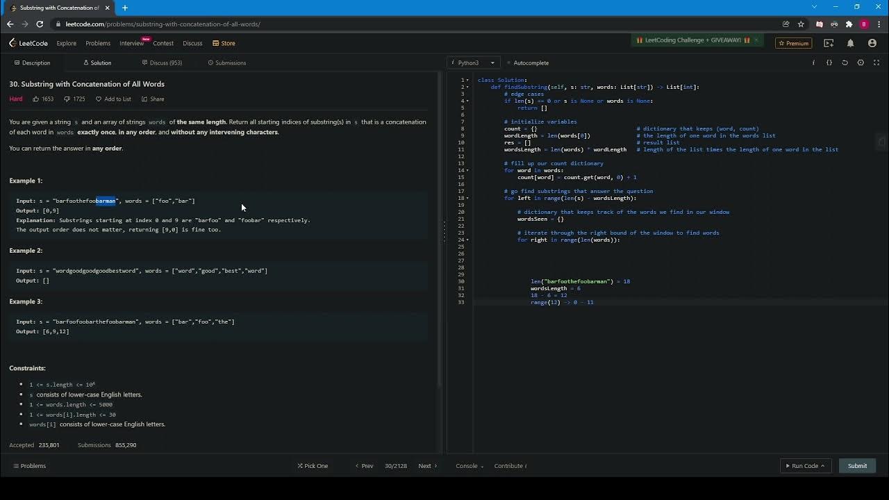Leetcode Question 30: Substring with Concatenation of All Words - YouTube