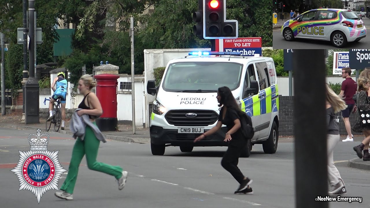 RUNS IN FRONT OF VAN - (South Wales Police) 2x Ford Transit responding ...