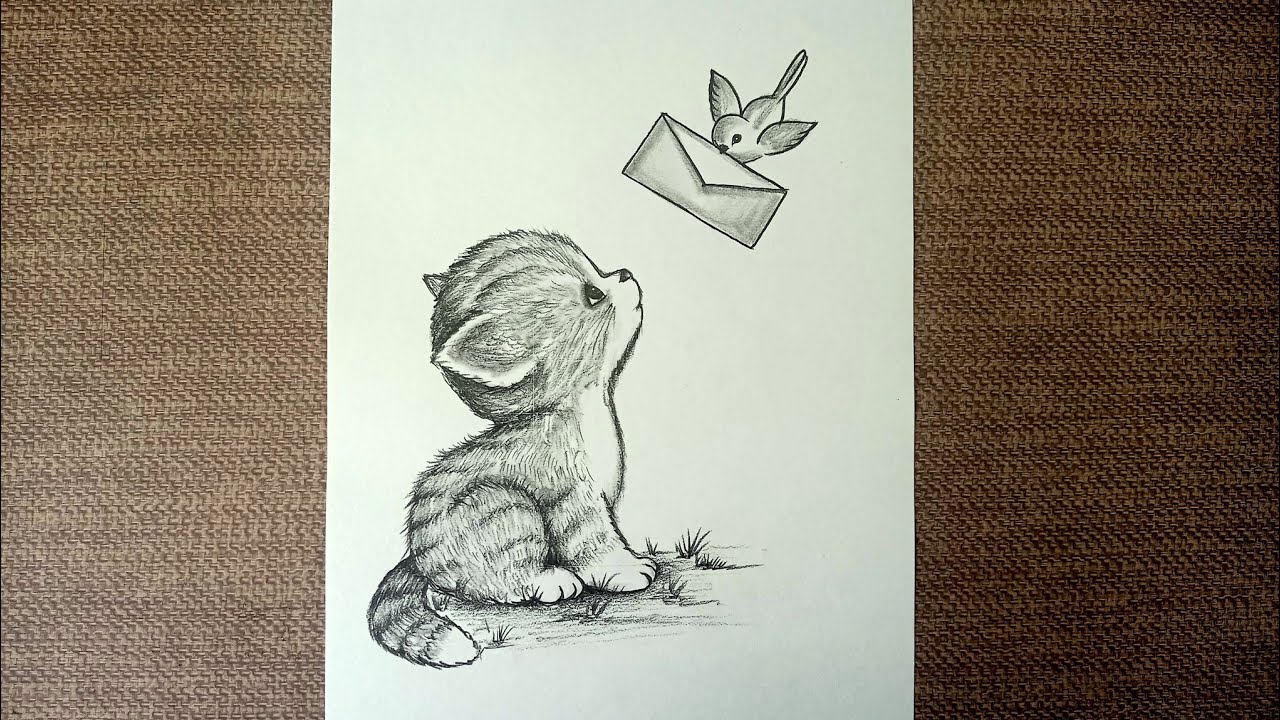Daily challenge 220/ Cat with letter bird drawing/ pencil drawing - YouTube