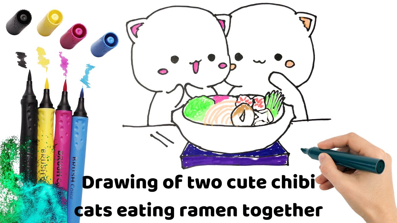 Drawing of two cute chibi cats eating ramen together #drawing #art # ...