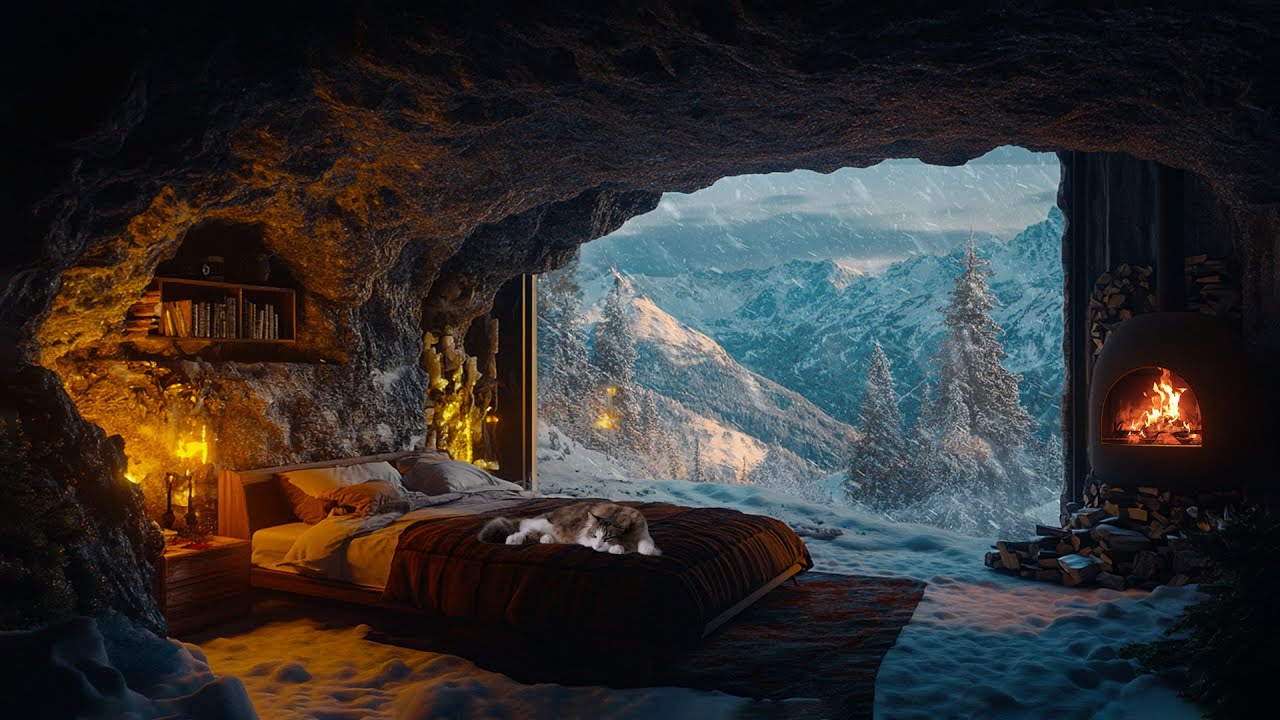 Cozy Winter Cave Retreat ~ Crackling Fireplace and Snowstorm Outside ...